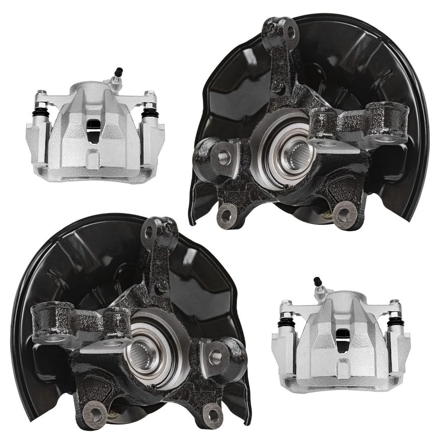 4pc Front Brake Calipers Steering Knuckles and Wheel Hub Bearings Kit