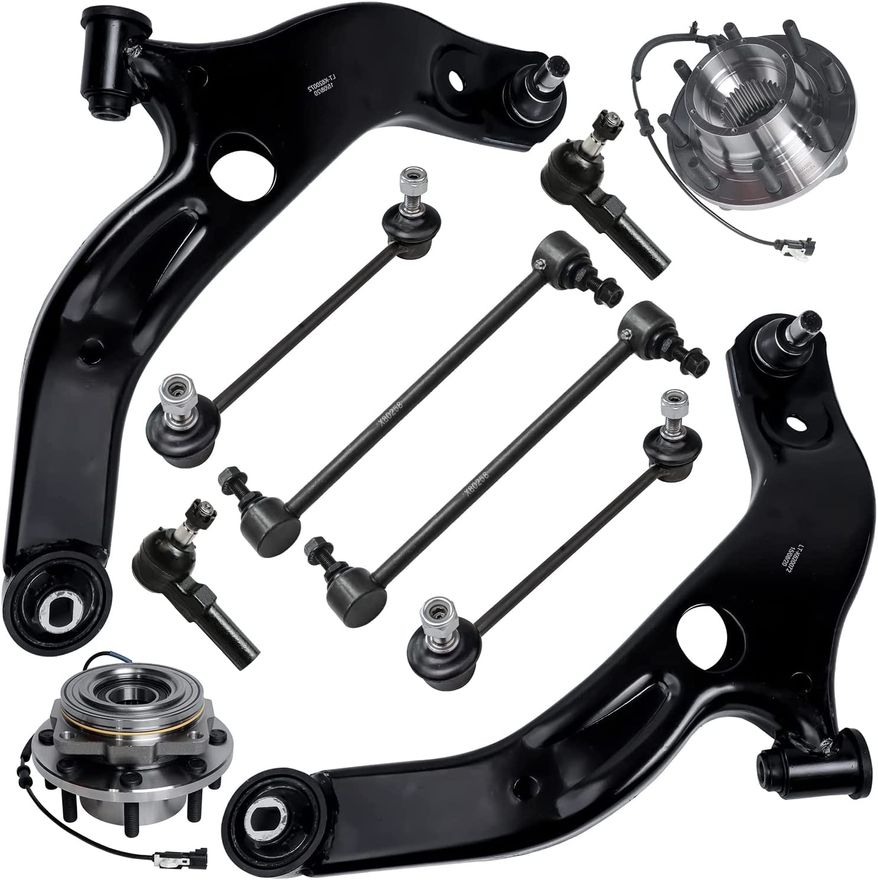 10pc Front & Rear Control Arms Wheel Hub and Bearings Tie Rods ...